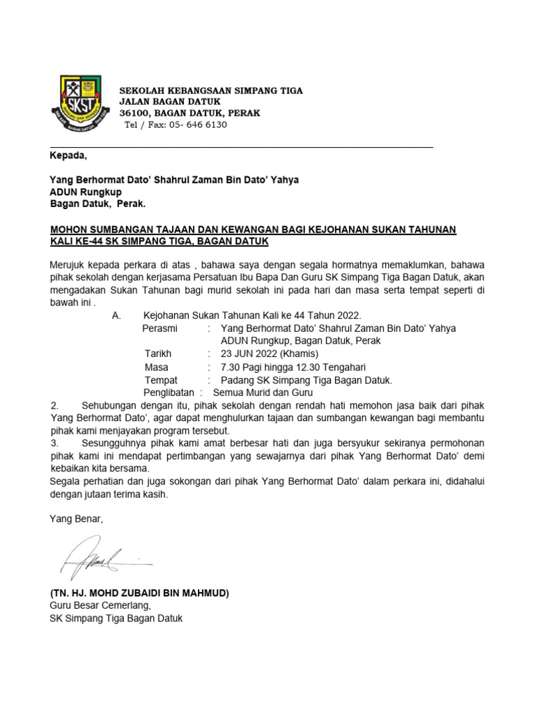 Surat Tajaan Dan Sumbangan Sukan 20221 | PDF