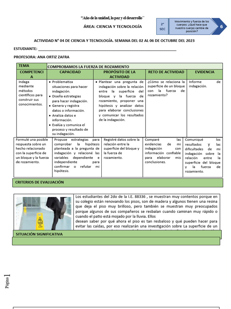 2° SEC. EDA 6 SEMANA 4 Indaga CYT 2023 Comprobamos La Fuerza de Rozamiento | PDF | Fuerza | Peso