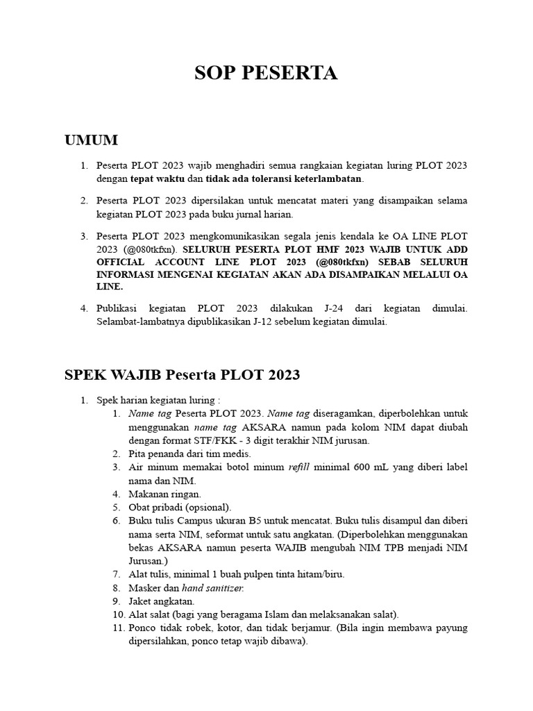 Sop Peserta Plot 2023 | PDF