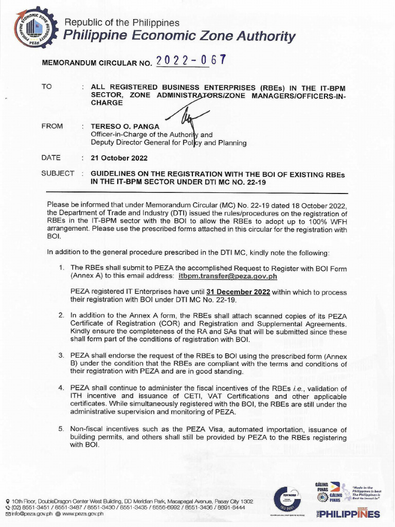 MC No. 2022-067 Guidelines on the Registration With the BOI of Existing ...