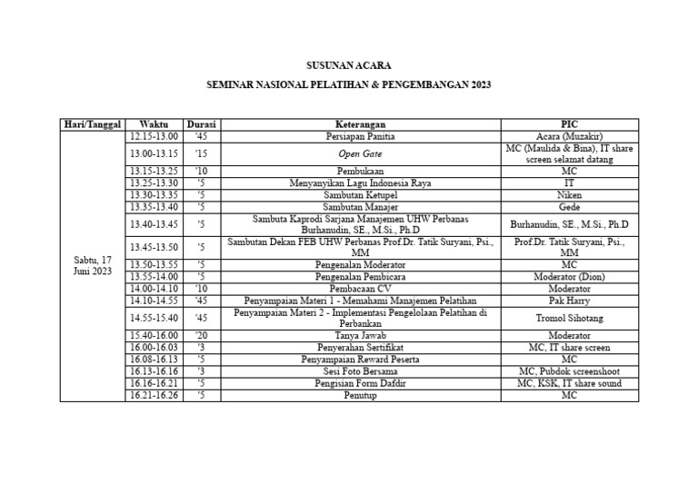Rundown Kegiatan Seminar Nasional 2023 PDF | PDF