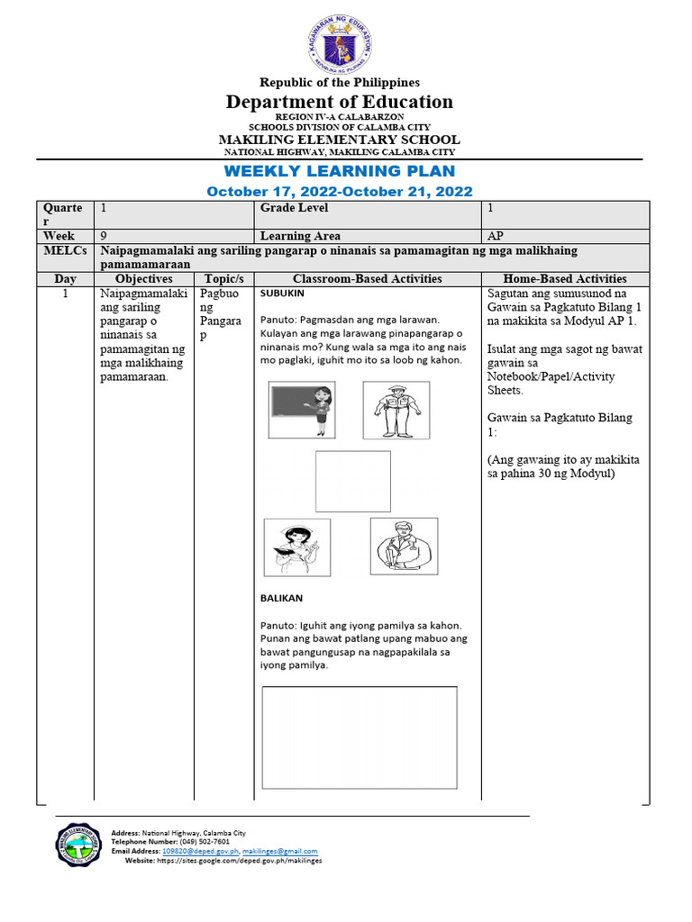 Department of Education: Weekly Learning Plan | PDF