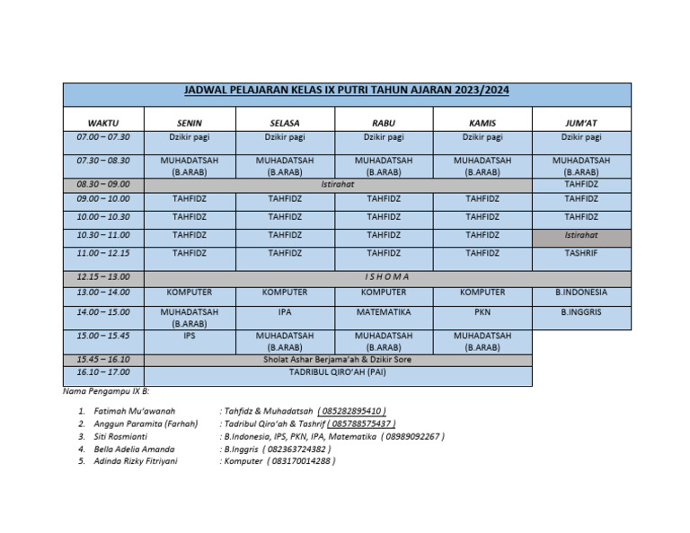 Jadwal Pelajaran Kelas 9 Putri 23 - 24 Fix | PDF