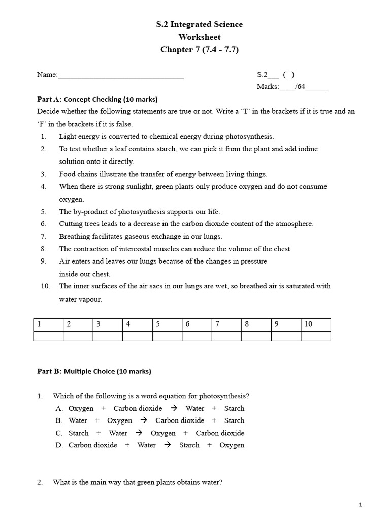 S.2 Integrated Science Worksheet Chapter 7 (7.4 - 7.7) : Part A ...