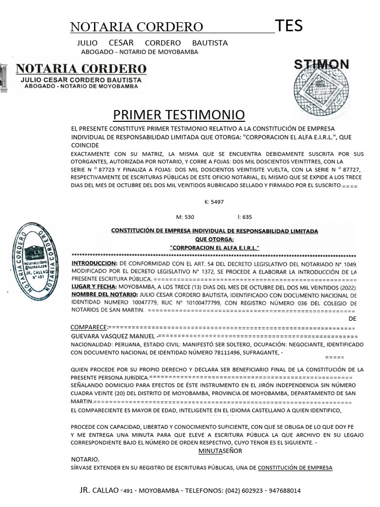 Primer Testimonio: Notaria Cordero | PDF