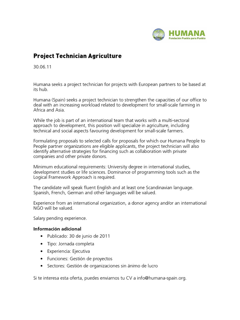Project Technician in Agriculture Role | PDF