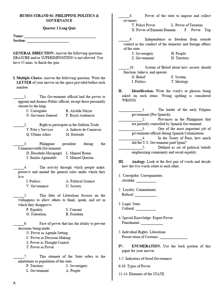 Humss Strand 01 Long Quiz | PDF | Politics
