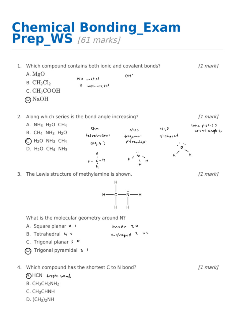 Chemical Bonding Exam Prep WS | PDF