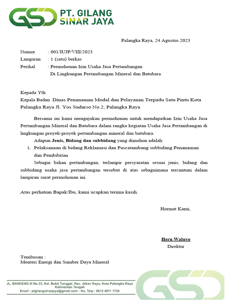 Permohonan Izin Usaha Jasa Pertambangan | PDF