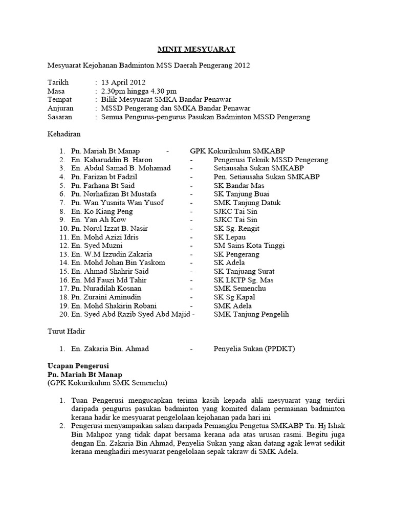 Minit Mesyuarat MSSD Badminton | PDF