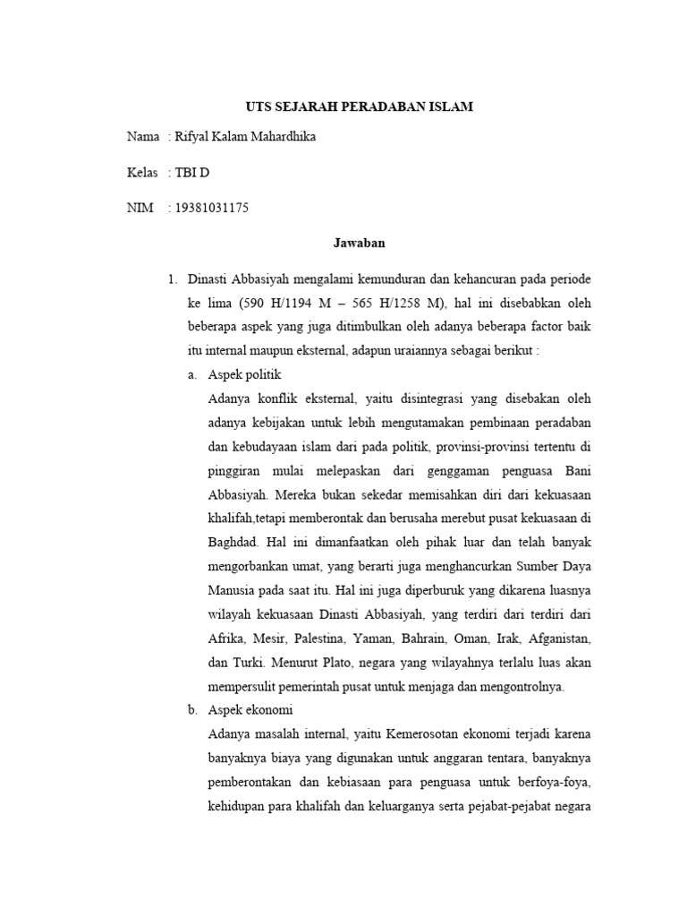 UTS SEJARAH PERADABAN ISLAM - Rifyal Kalam Mahardhika | PDF