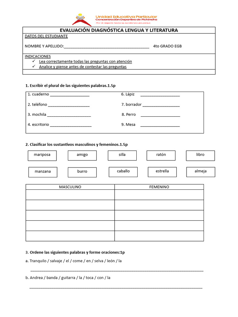 Evaluación Diagnóstica Lengua 4to Grado | PDF
