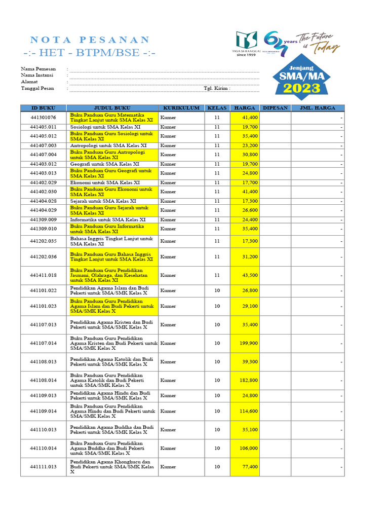 SMA - MA Nota Pesanan 2023. Umum (KURMER) Kls 10, 11 | PDF