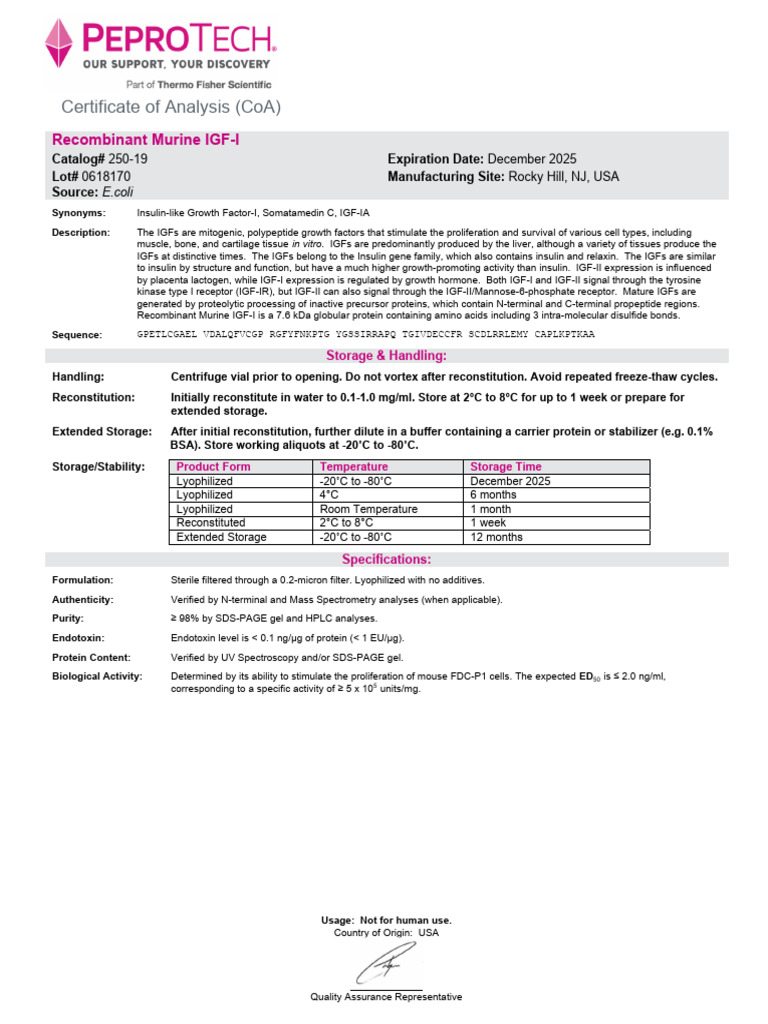 Certificate of Analysis (Coa) : Recombinant Murine Igf-I | PDF