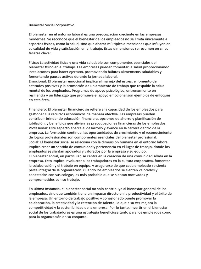 Bienestar Social en el Trabajo: Claves y Beneficios | PDF | Crecimiento ...