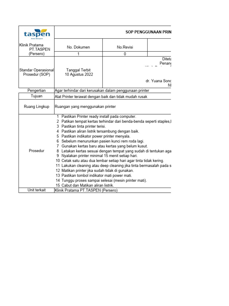 SOP Penggunaan Printer Klinik TASPEN | PDF