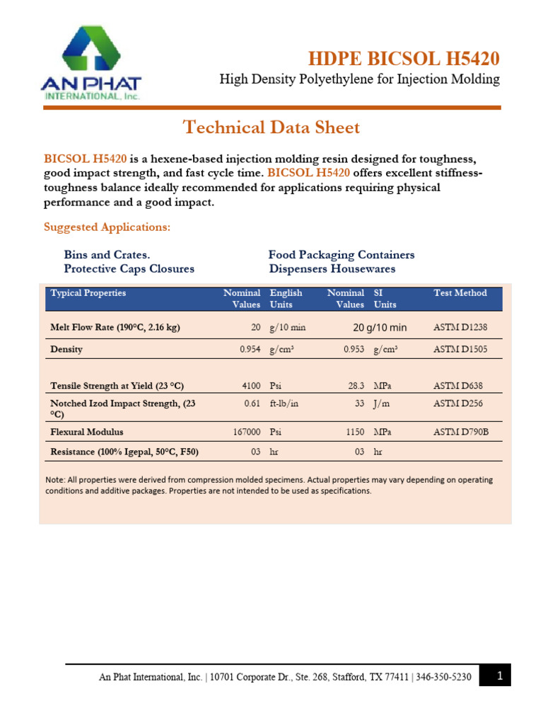 Ficha Tecnica Polietileno An Phat Bicsol h5420 (2710) | PDF | Technology & Engineering
