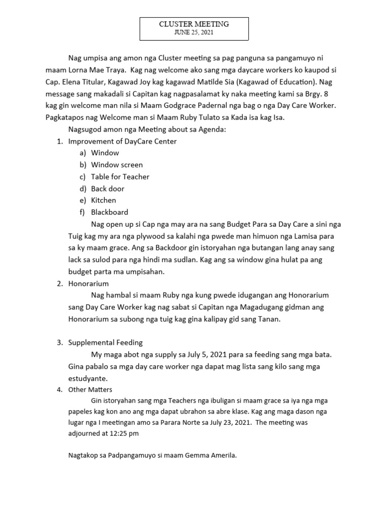 Cluster Meeting Brgy 8 | PDF