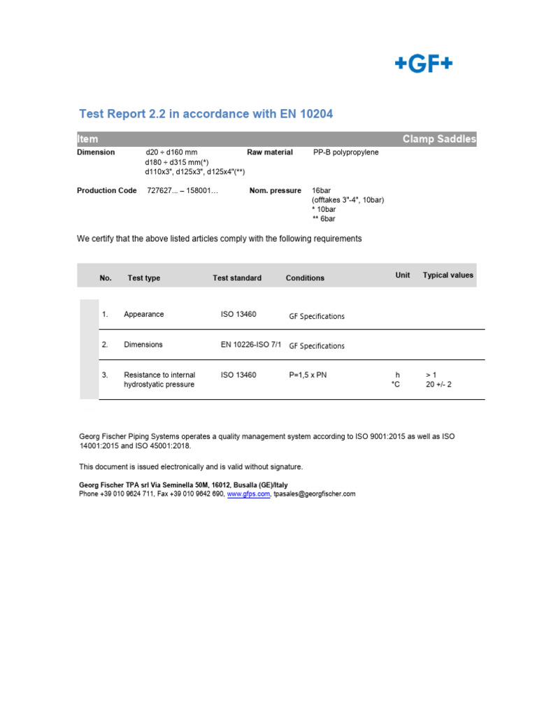 Test Report 2.2 in Accordance With EN 10204: Item Clamp Saddles | PDF