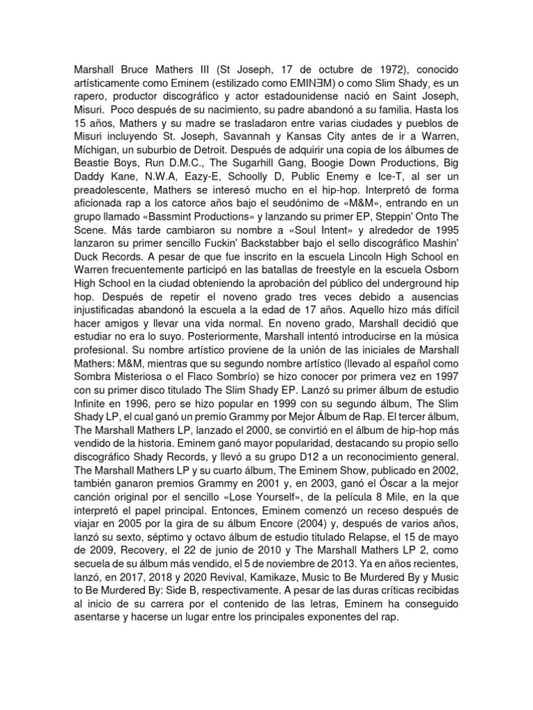 Biografía de Eminem: Orígenes y Éxitos | PDF | Industria de la música ...