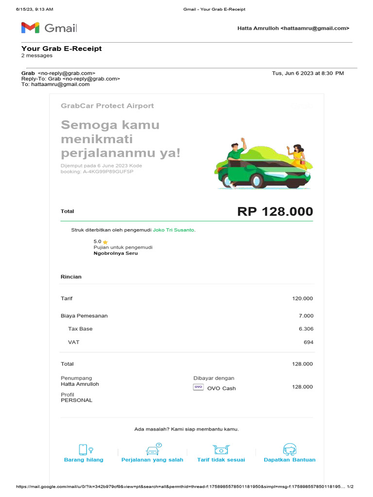 E-Receipt GrabCar: Rincian Perjalanan Anda | PDF