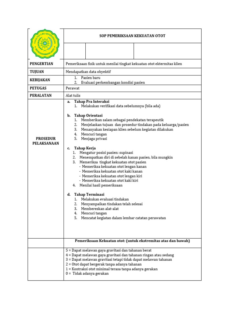 Sop Pemeriksaan Kekuatan Otot | PDF