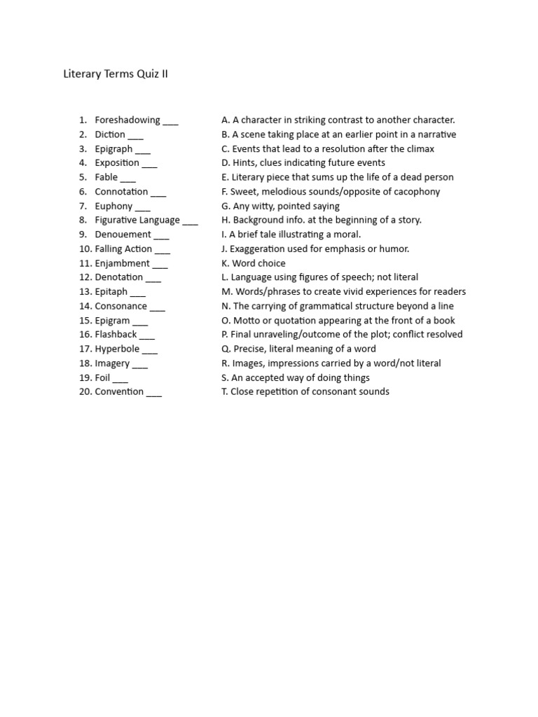 Literary Terms Quiz II | PDF | General Fiction