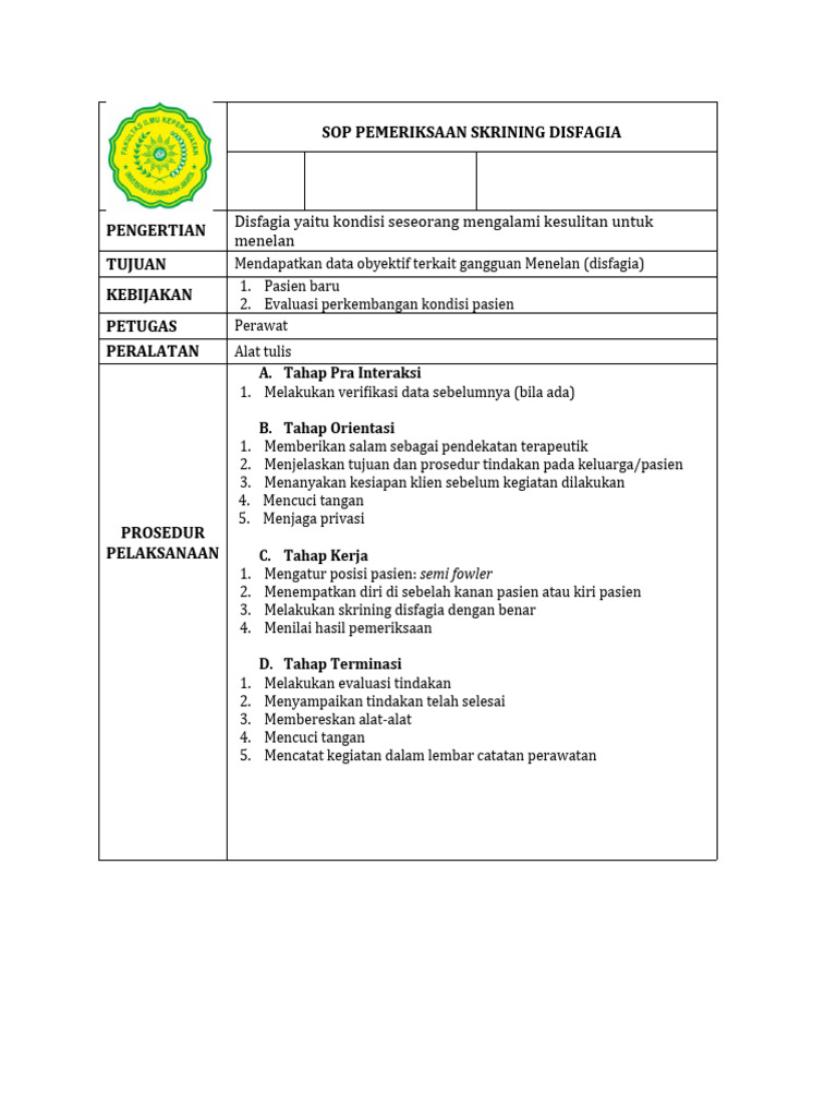 Sop Pemeriksaan Skrining Disfagia | PDF