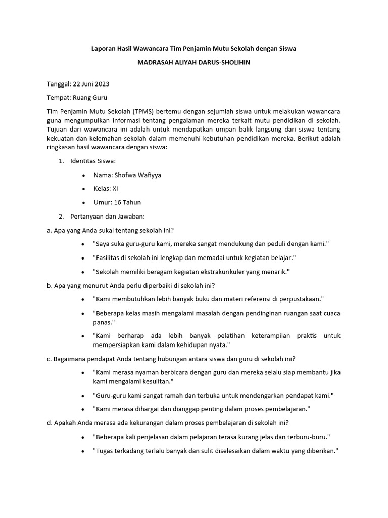 Laporan Hasil Wawancara Tim Penjamin Mutu Sekolah Dengan Siswa | PDF