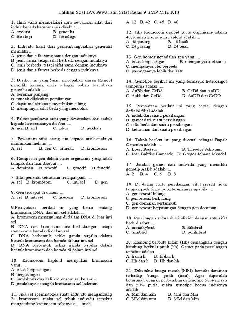 Latihan Soal IPA Pewarisan Sifat Kelas 9 SMP MTs K13 | PDF