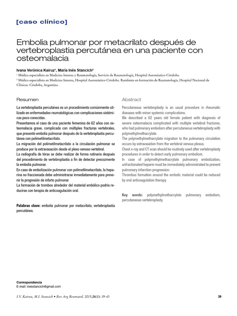 Embolia Pulmonar Por Metacrilato Después de Vertebroplastia Percutánea ...