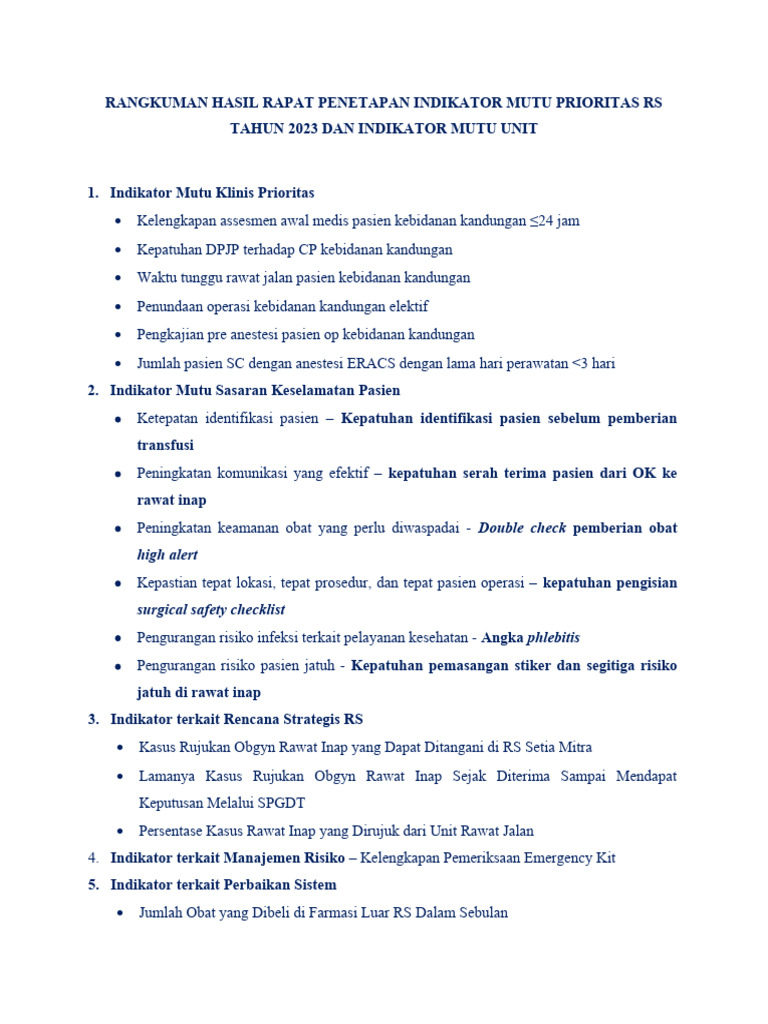 List Indikator Prioritas RS Tahun 2023 Dan Indikator Mutu Unit | PDF