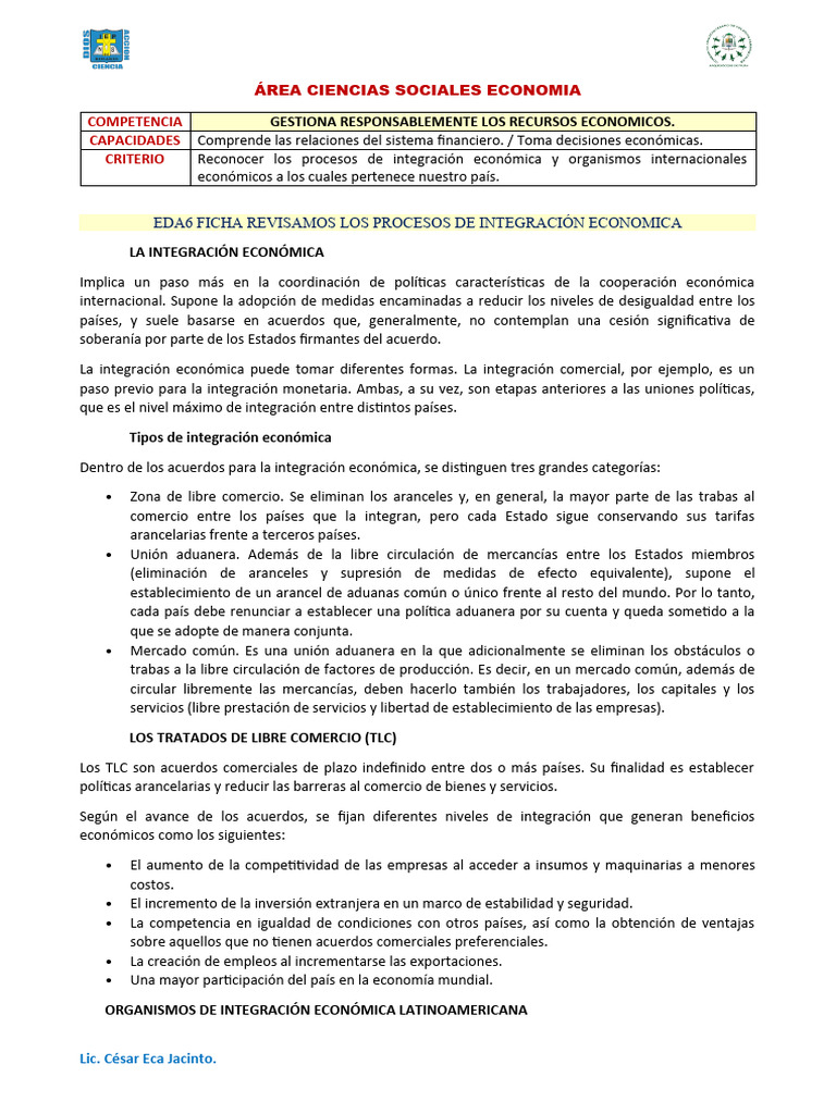 EDA6 FICHA PROCESOS DE INTEGRACIÓN ECONOMICA CCSS SEC | PDF | America ...