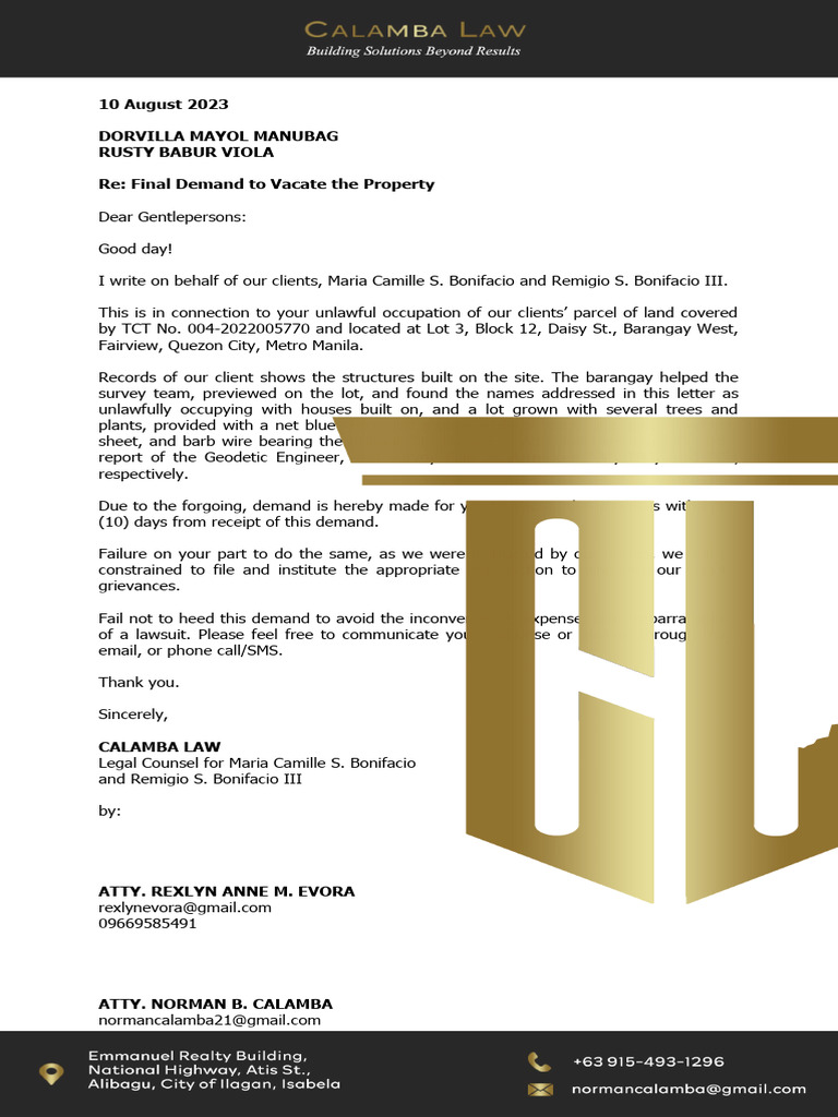 Bonifacios' Demand To Vacate Letter House 3 Dorvilla Mayol Manubag and ...