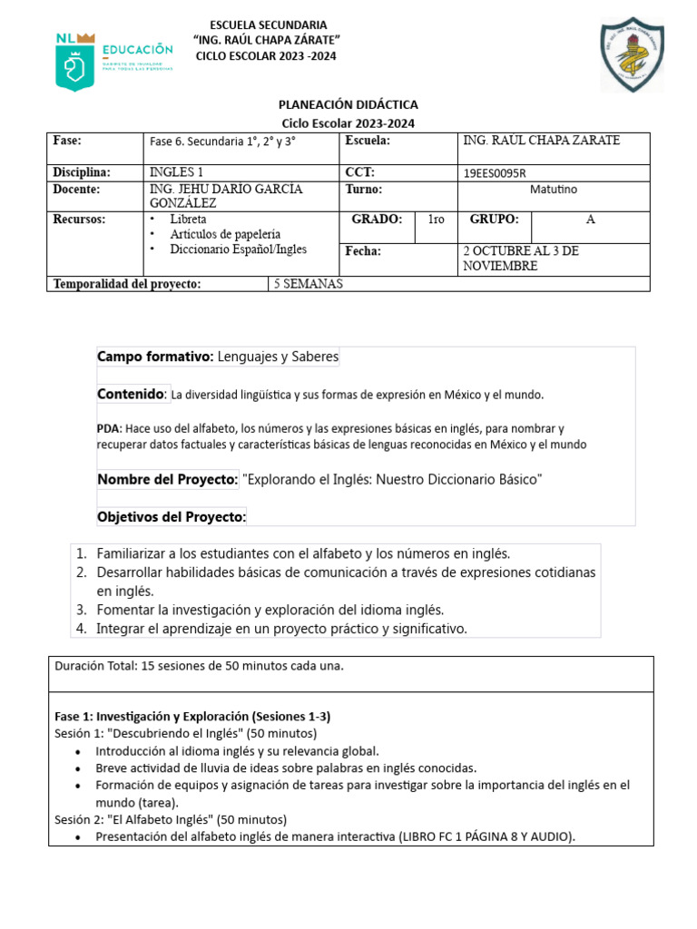 PLAN OCT ING 1 Numeros y ABC | PDF