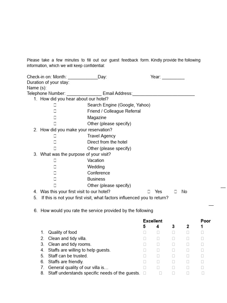 Hotel Guest Feedback Form Sample | PDF
