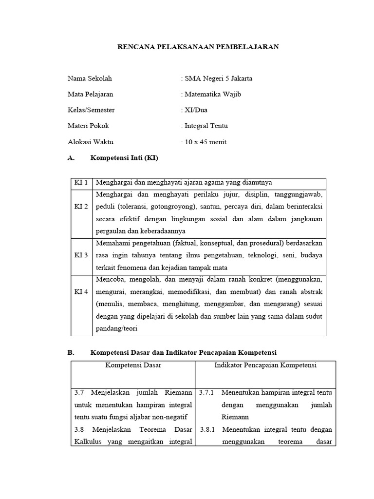RPP XI Peminatan - Integral Tentu | PDF