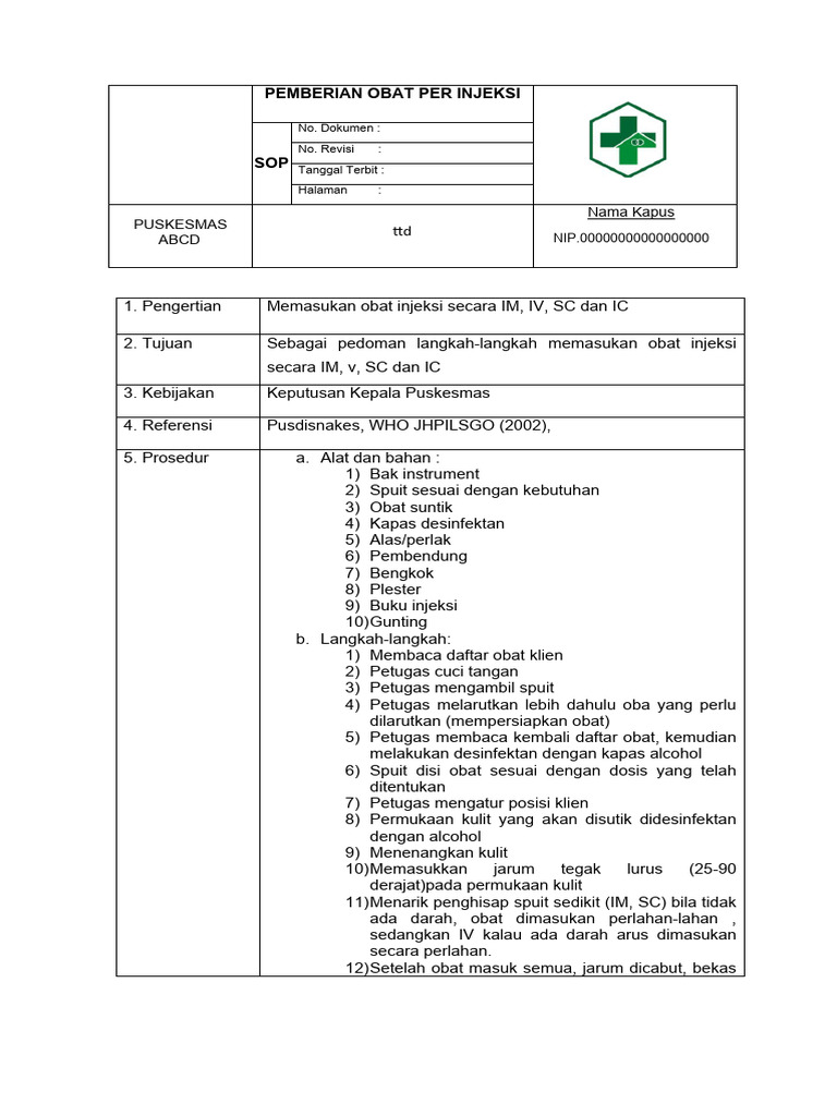Sop Pemberian Obat Per Injeksi | PDF