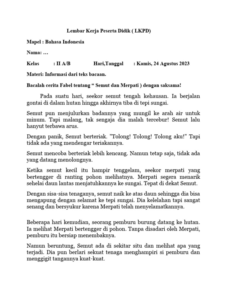 Fabel Semut dan Merpati: Pertanyaan LKPD | PDF | Puisi | Dewasa Muda