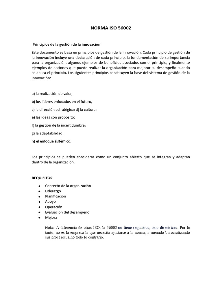 Principios y Guía ISO 56002 Innovación | PDF
