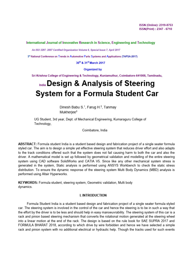 Design & Analysis of Steering System For A Formula Student Car | PDF