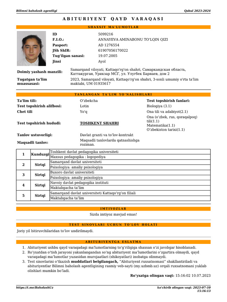 Annayeva Aminabonu To Lqin Qizi Qayd Varaqa | PDF