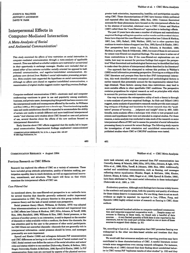 Interpersonal Effects In Computer Mediated Interaction Walther Pdf