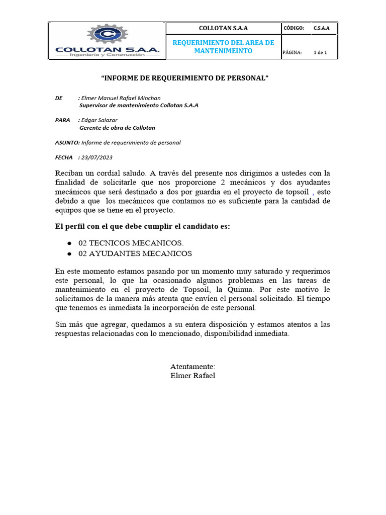 Informe de Requerimiento de Personal | PDF