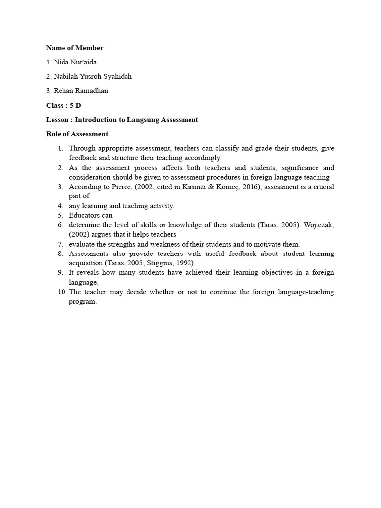 Role of Assesment Group 7 | PDF Role of Assesment Group 7 | PDF