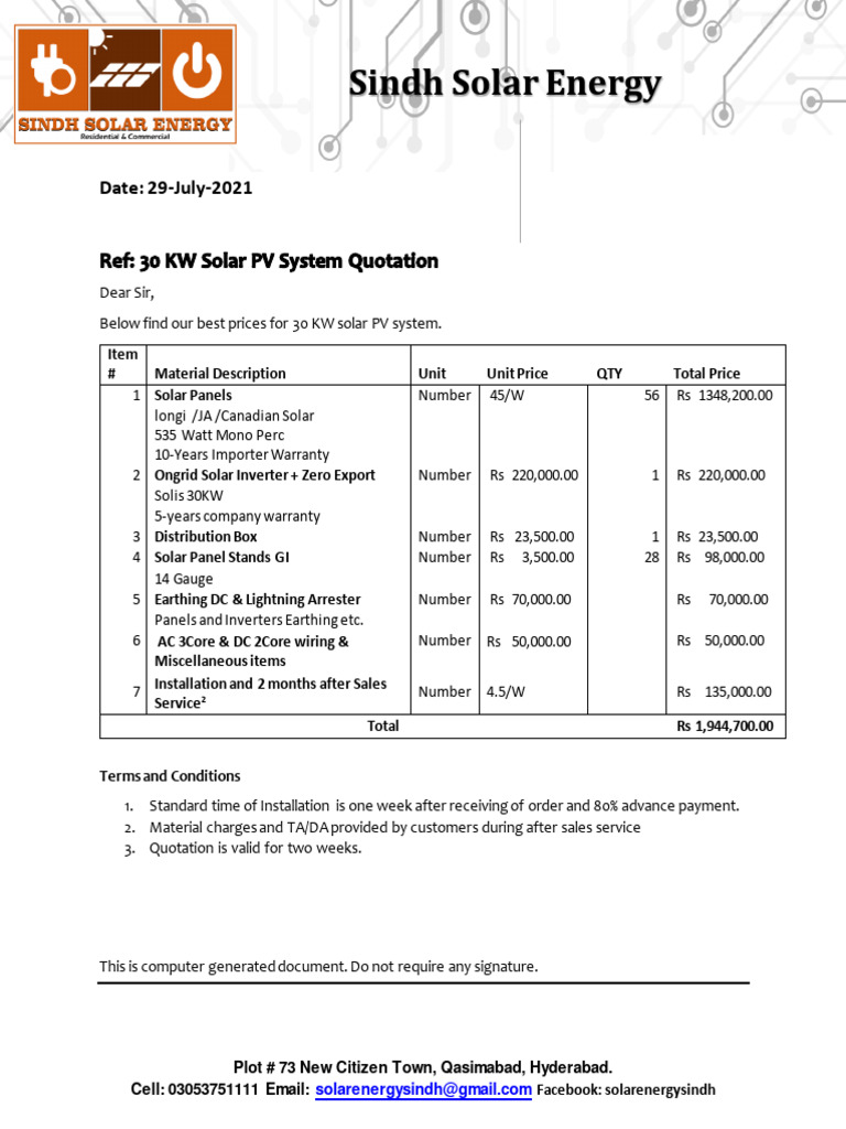 Quotation 30KW System KHI Zero Export | PDF