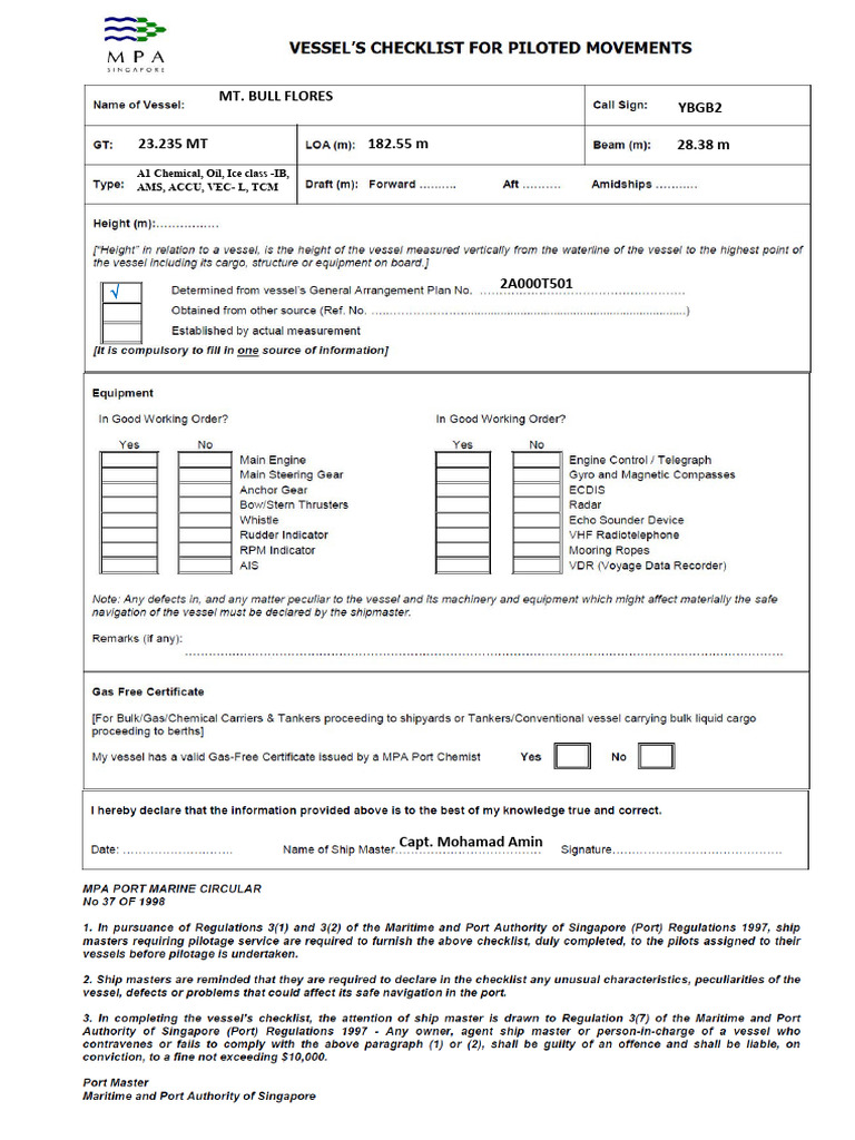 Singapore Pilot Checklist | PDF