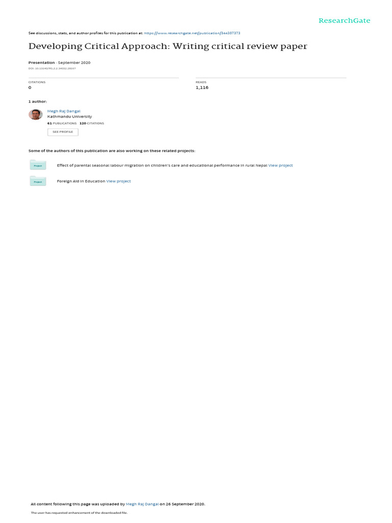 Developing Critical Approach Writing Critical Review Paper 26092020 | PDF
