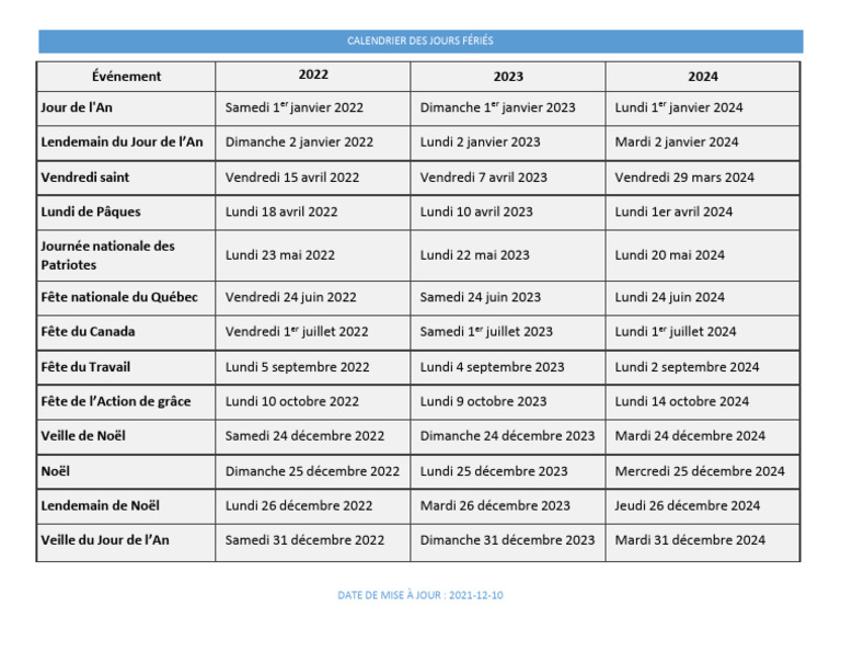 Calendrier Des Jours Feries 2022-2023-2024 | PDF