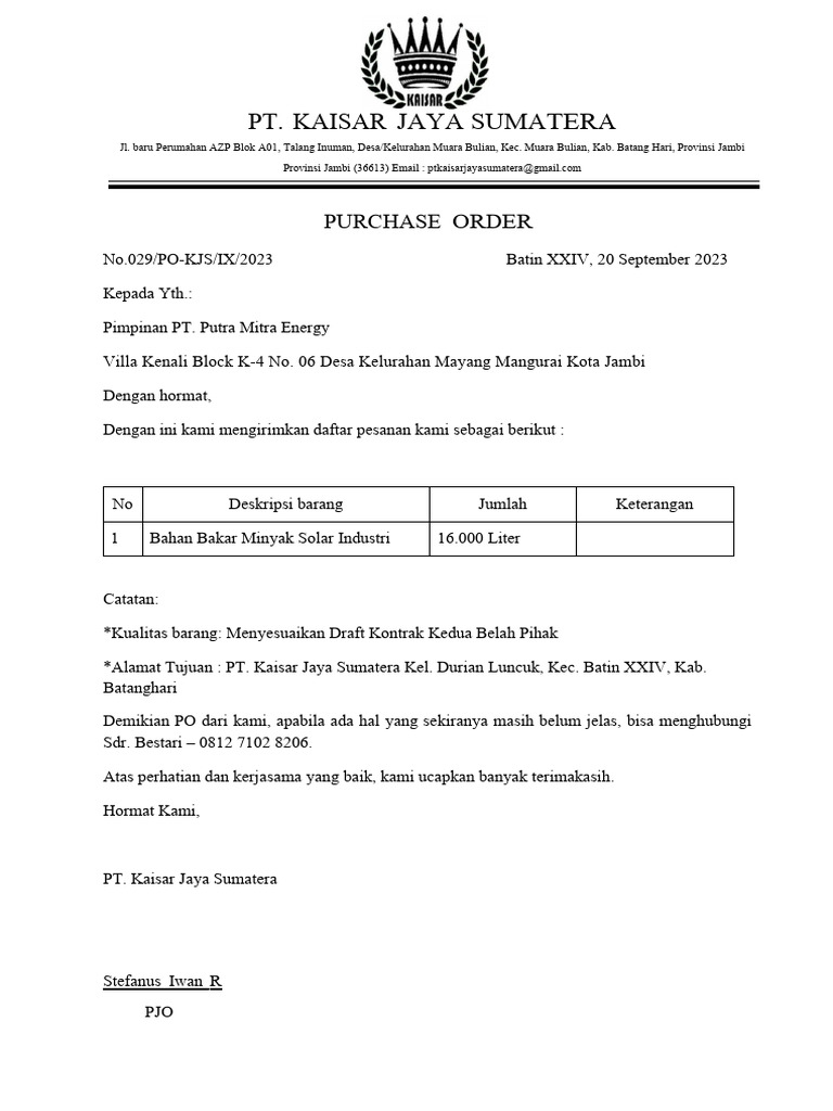 Purchase Order PT Kaisar Jaya Sumatera | PDF